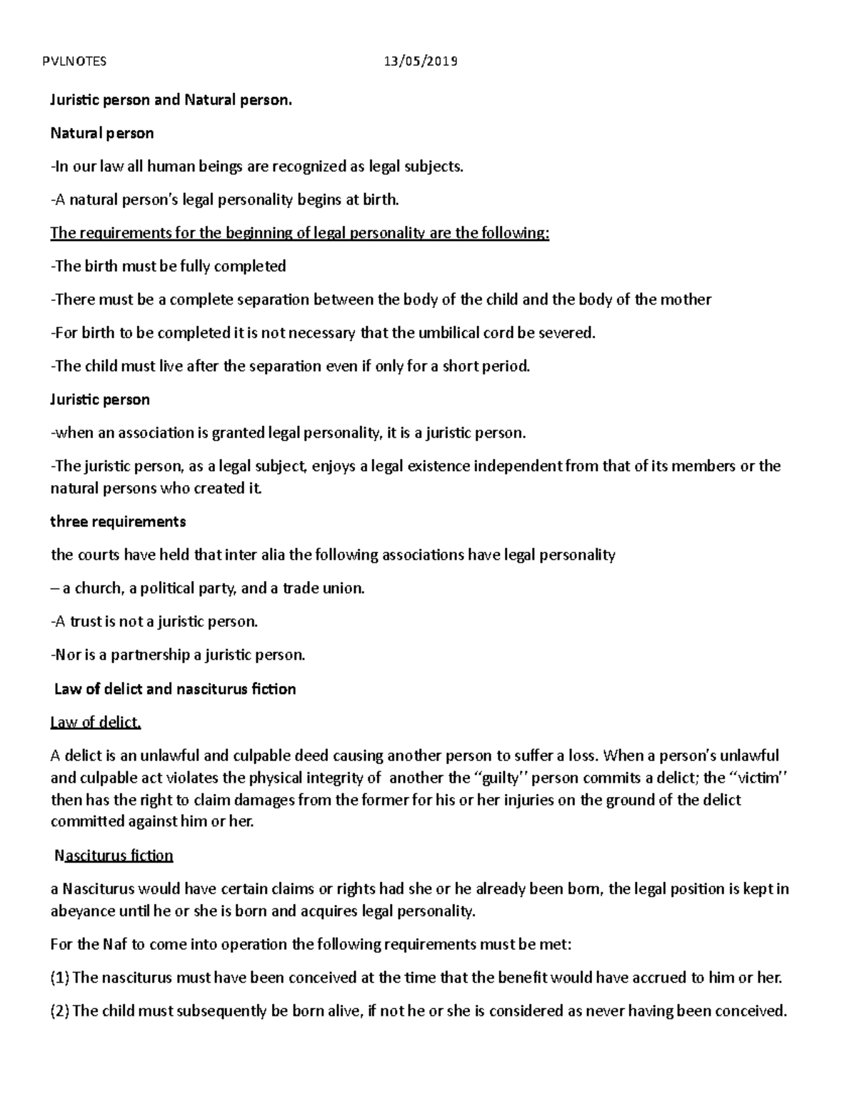 PVL Notes - Juristic person and Natural person. Natural person -In our ...