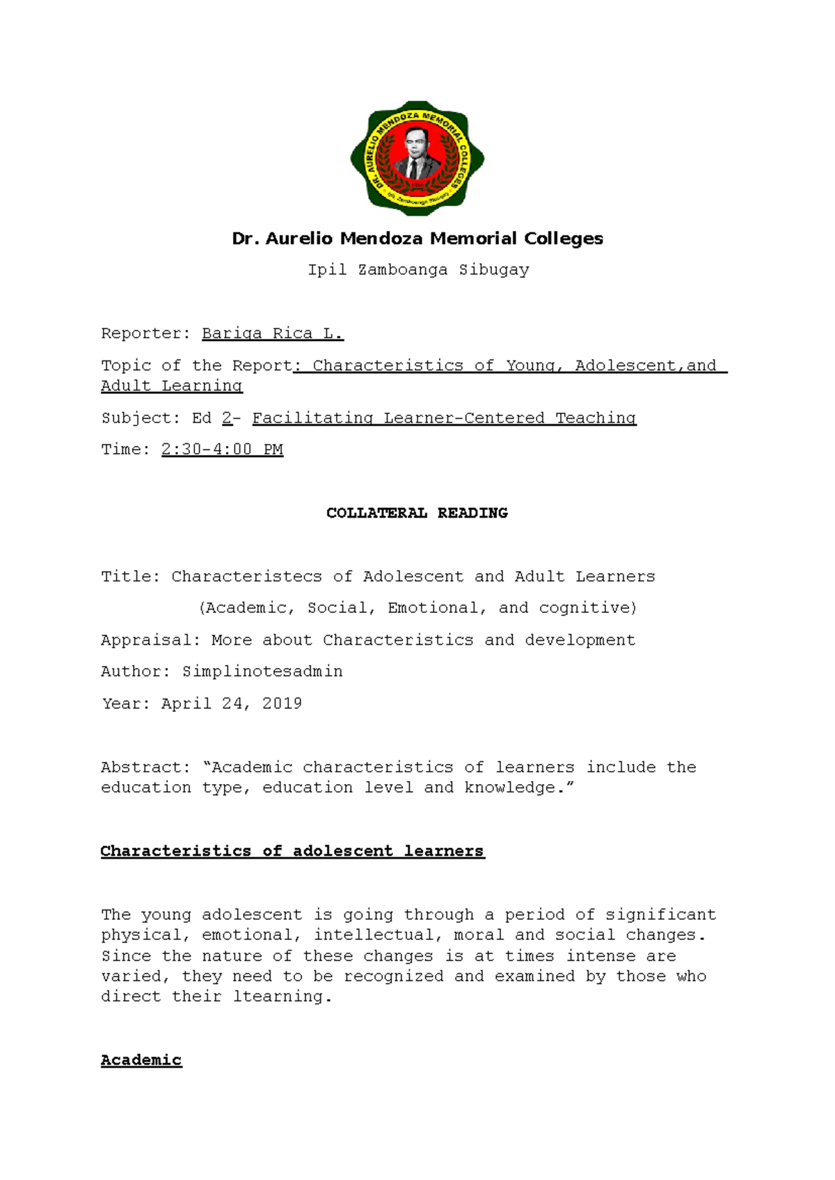 Bariga and myra collateral reading - Dr. Aurelio Mendoza Memorial ...