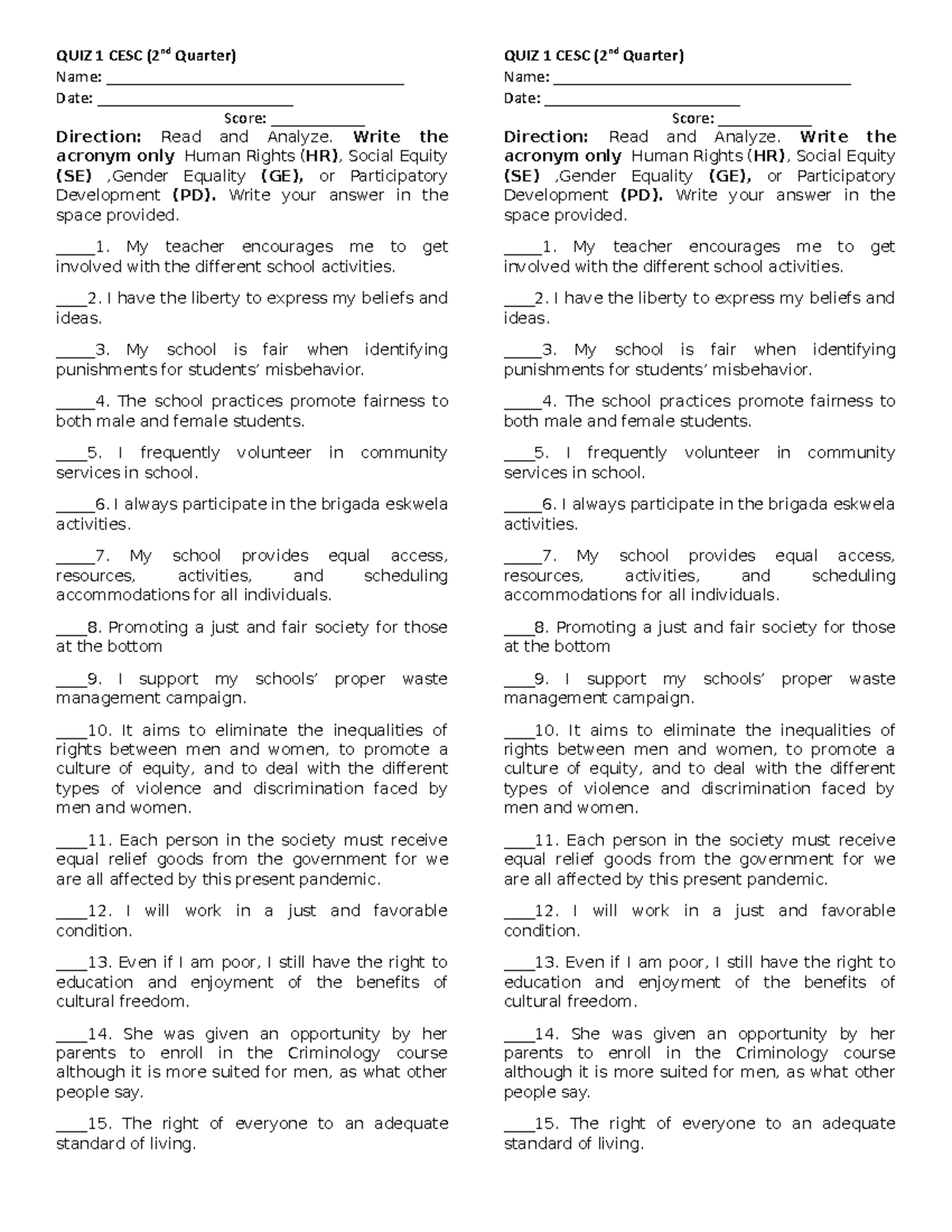 community engagement - QUIZ 1 CESC (2nd Quarter) Name