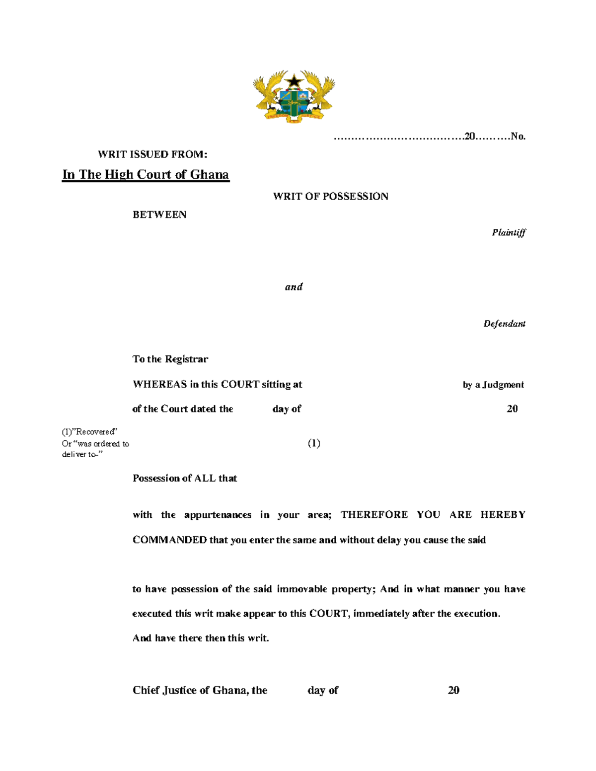 WRIT OF Possession 1f1e - .....................................20 ...