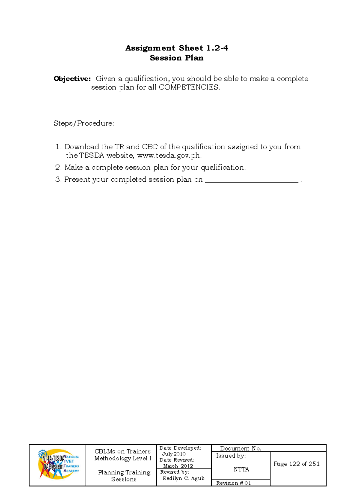 8. Assignment Sheet Session Plan - CBLMs on Trainers Methodology Level ...