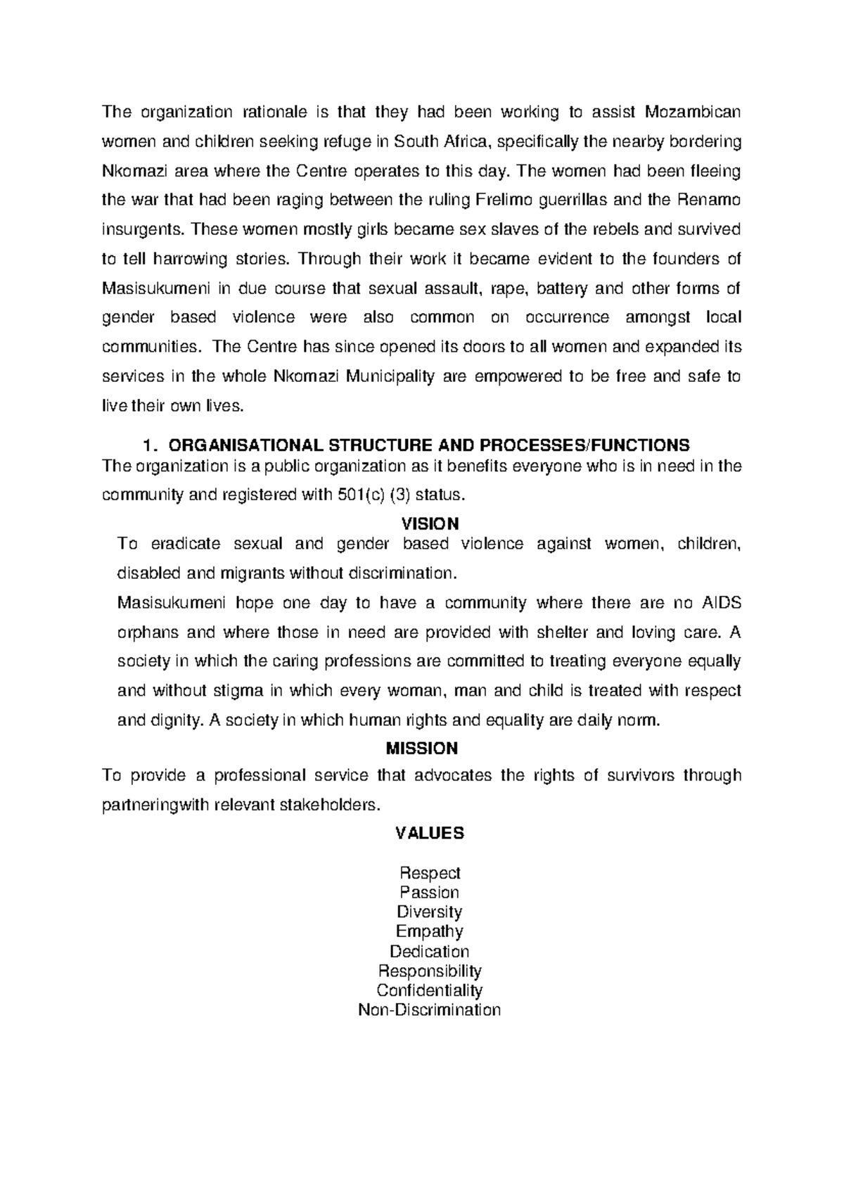 BSW2605 2 - The organization rationale is that they had been working to assist Mozambican women ...