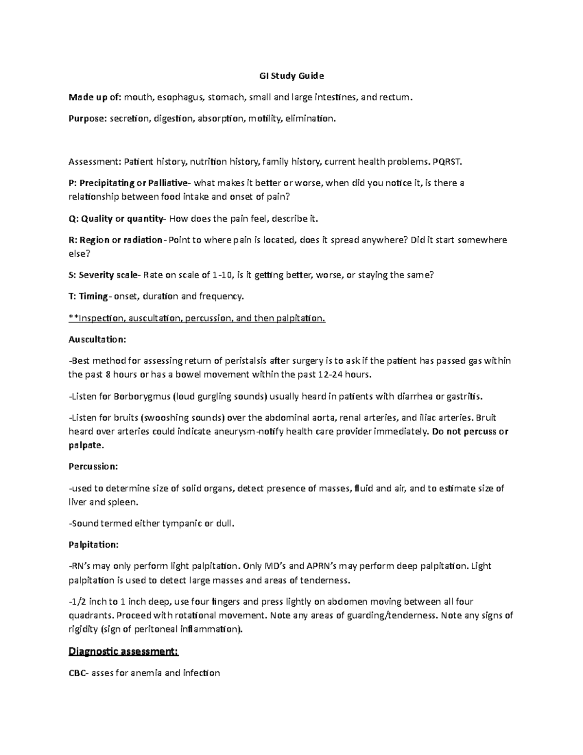 GI Study Guide - GI Study Guide Made up of: mouth, esophagus, stomach ...