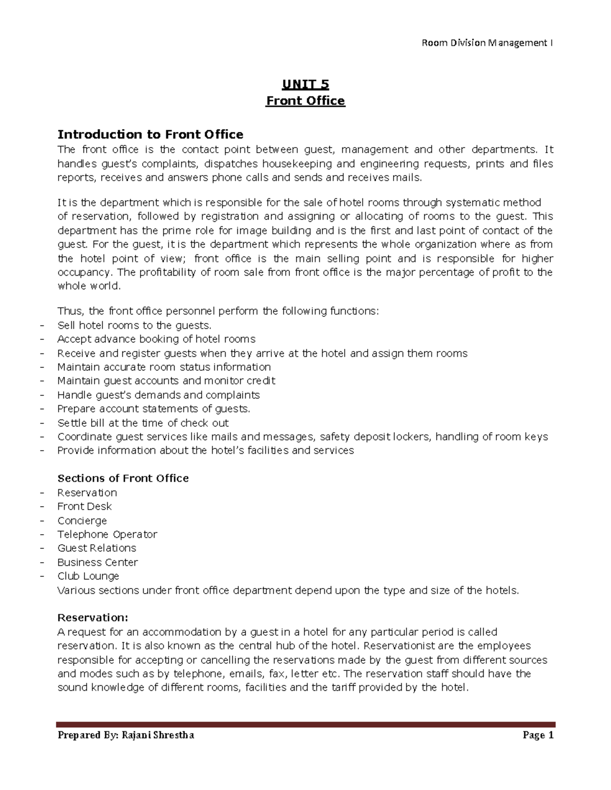 RDM-Unit-5 - Front Office - UNIT 5 Front Office Introduction to Front ...