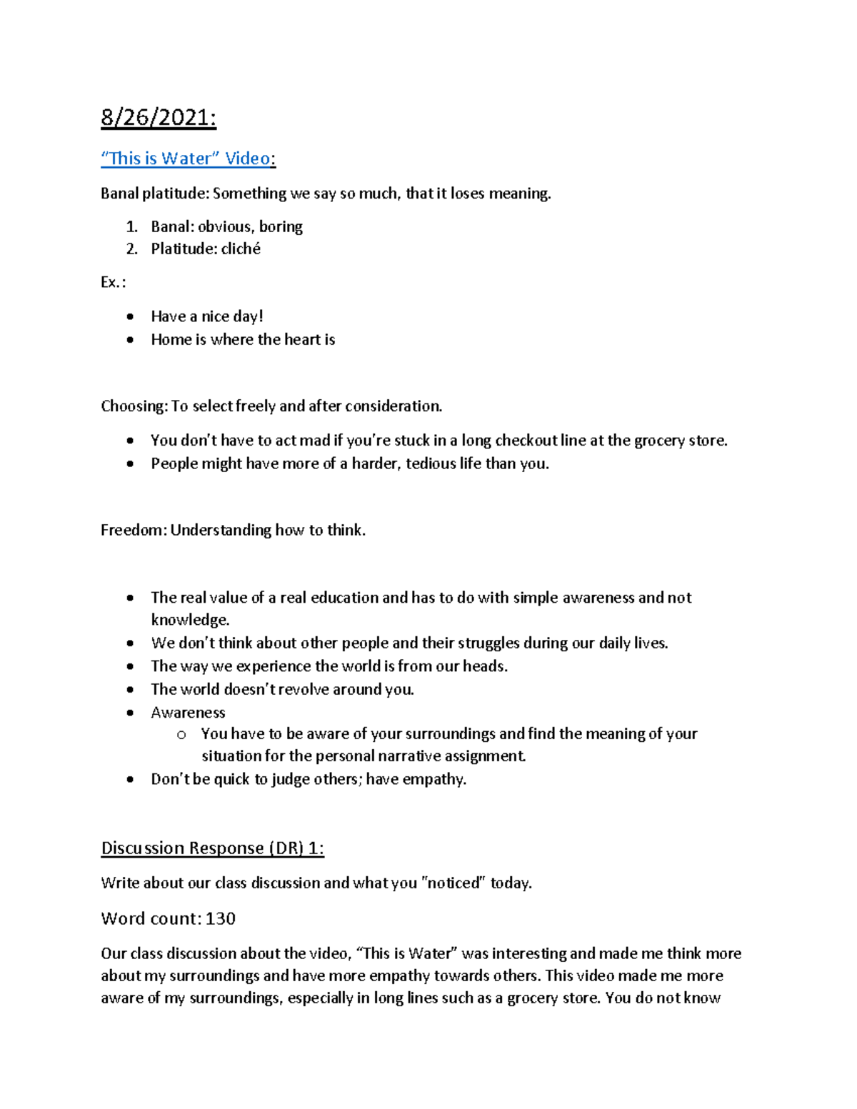 Intro to College Writing (ENG 100) Notes - 8/26/2021: “This is Water ...