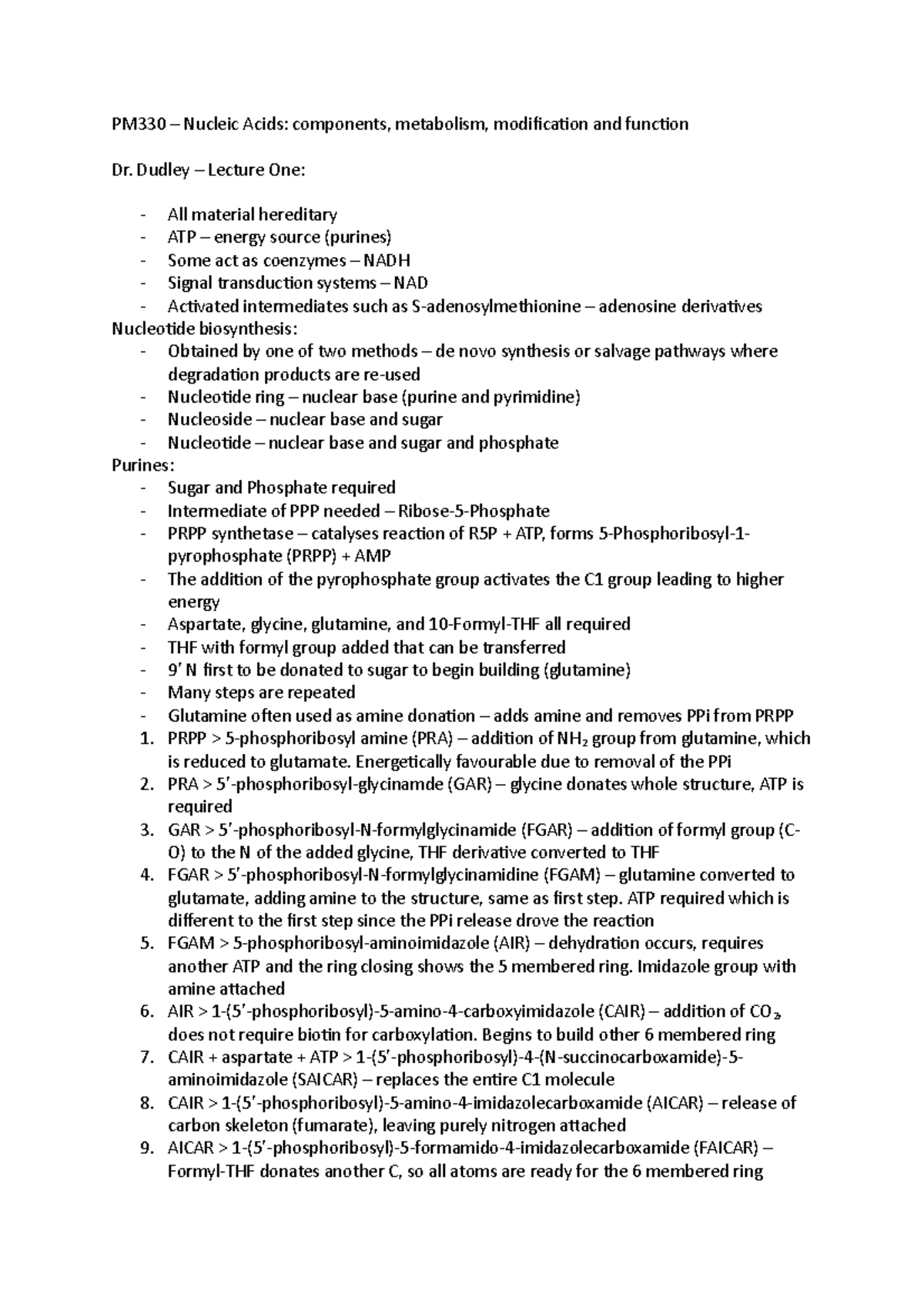 PM330 – Nucleic Acids - PM330 – Nucleic Acids: components, metabolism ...