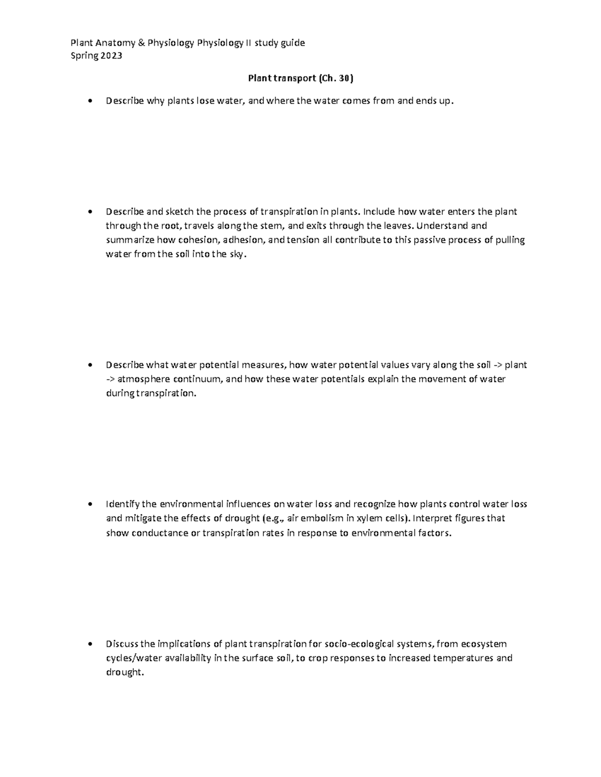 Assessment 4 - physiology II study guide - Spring 2023 Plant transport ...