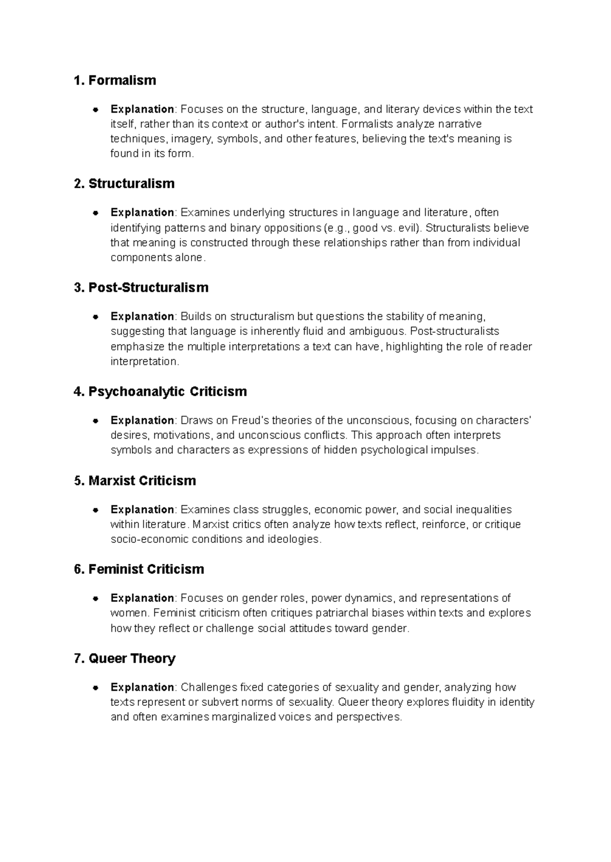Literary theories - 1. Formalism Explanation: Focuses on the structure ...