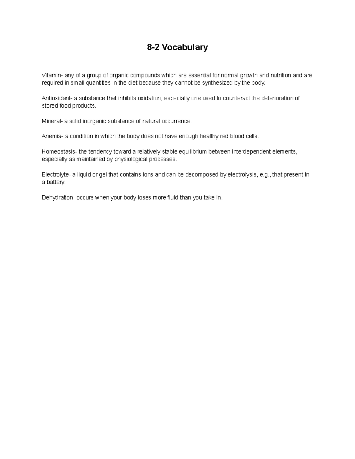 8.2 Vocabulary Health - 8-2 Vocabulary Vitamin- any of a group of ...