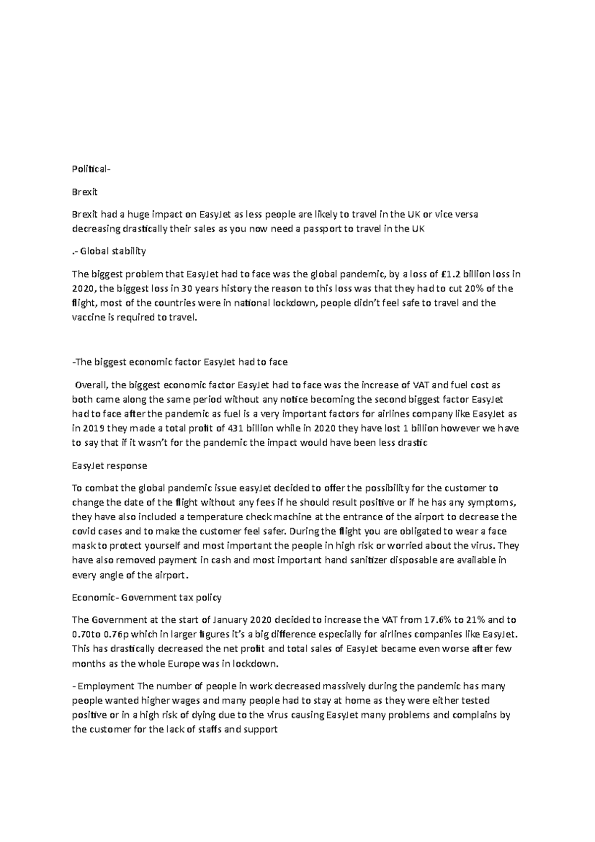 Easy jet - notes on easyjet company and pestle analysis - Political ...