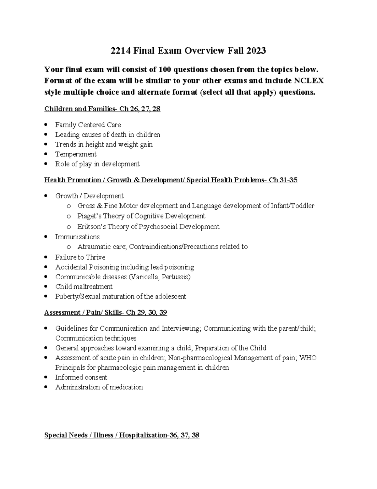 2214 Final Exam Study Guide F23 - 2214 Final Exam Overview Fall 2023 ...