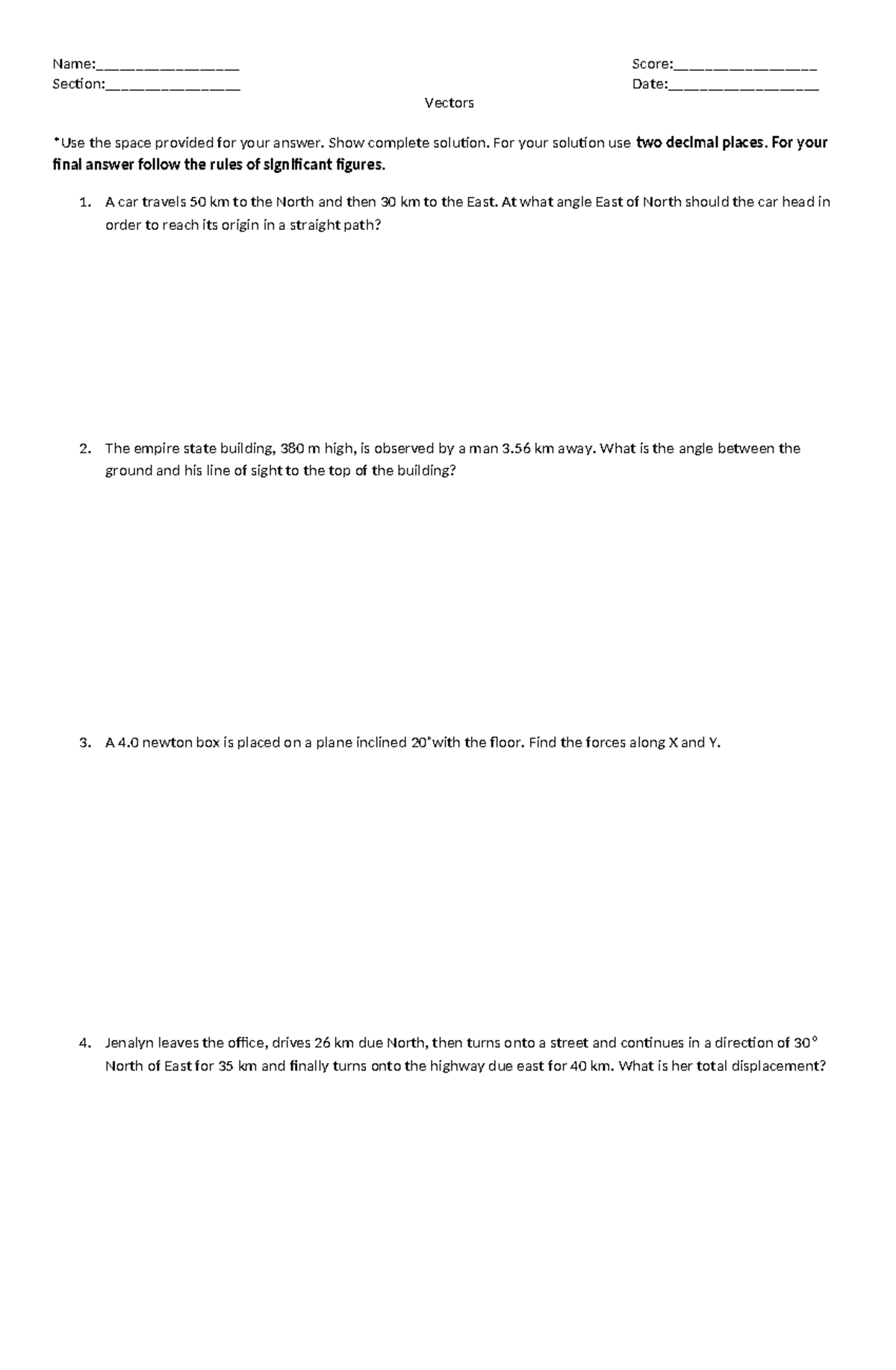 Adding vectors - Name:__________________ Score:__________________ Section ...