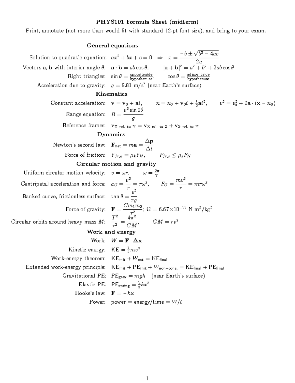 Phys 101 formula sheet part 1 - PHYS101 Formula Sheet (midterm) Print, annotate (not more than ...