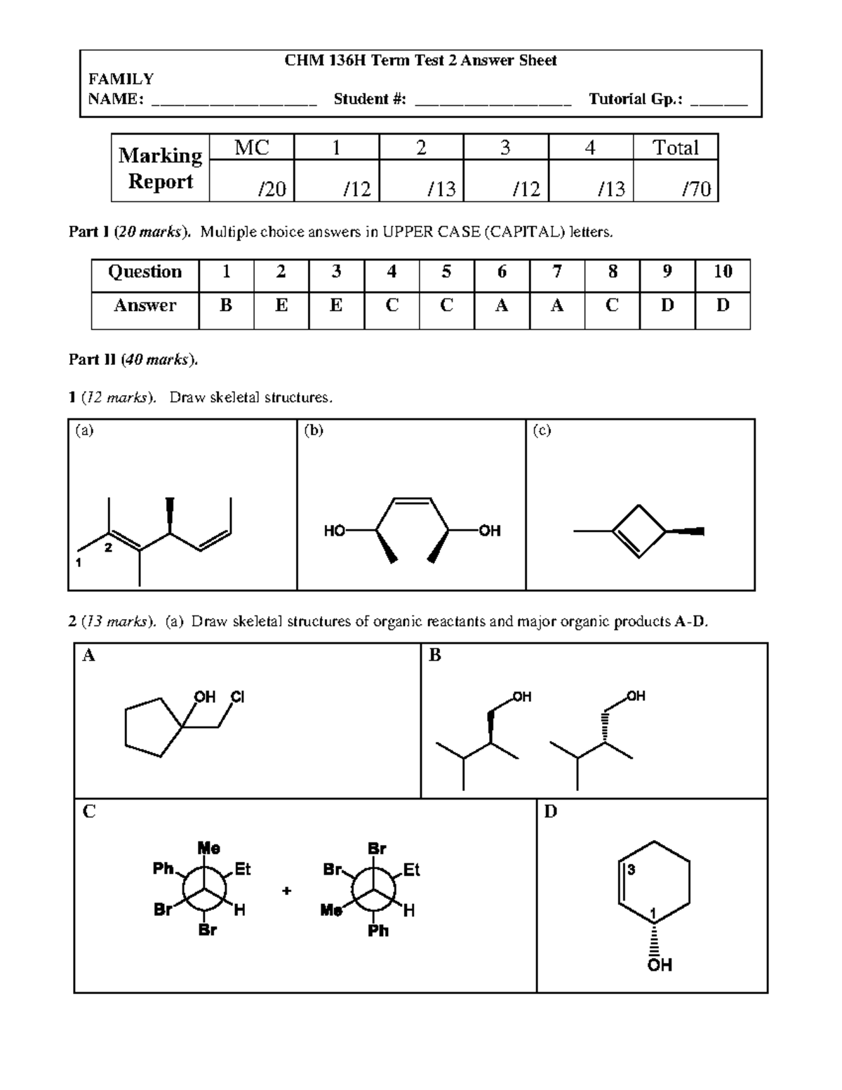 CHM136 TT2 (19S) Model answers - CHM 136H Term Test 2 Answer Sheet ...