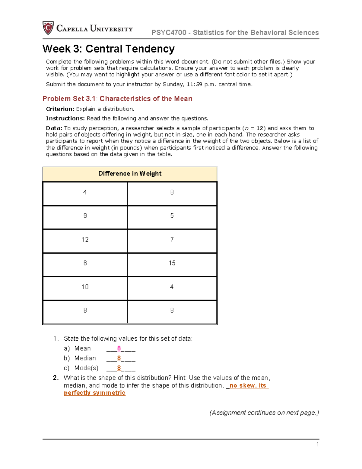 Cf u03a1 central tendency - Week 3: Central Tendency Complete the ...