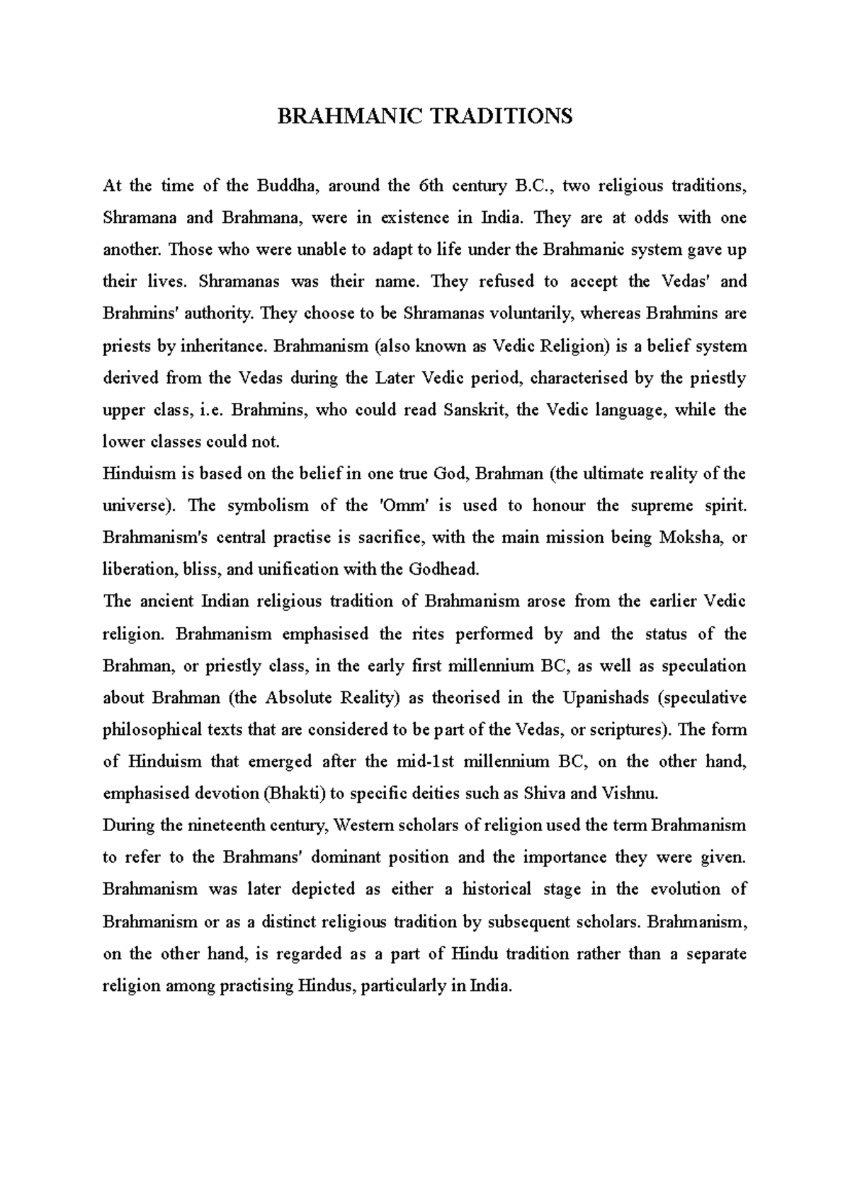 Brahmanic Traditions - Lecture notes 3 - BRAHMANIC TRADITIONS At the ...