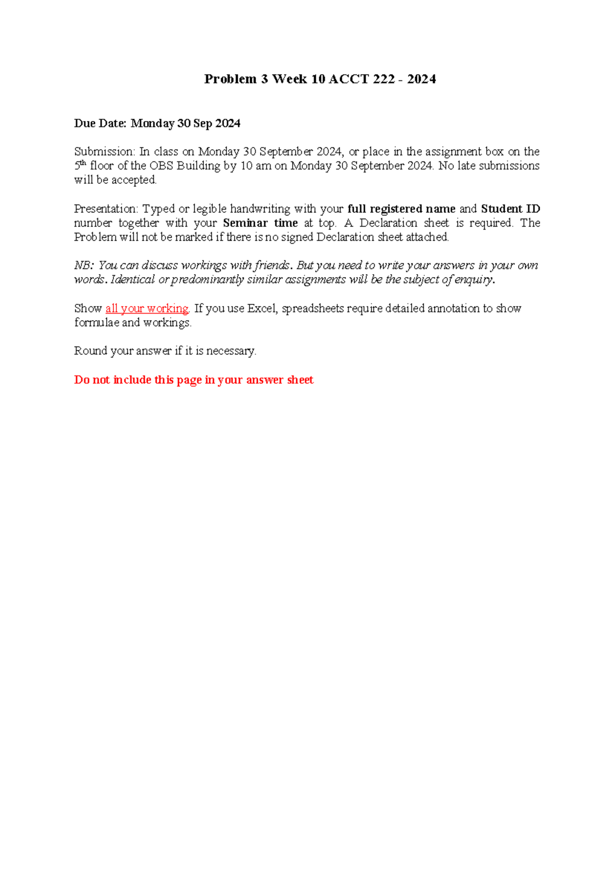 Problem 3 - Acct222 - Problem 3 Week 10 ACCT 222 - 2024 Due Date ...