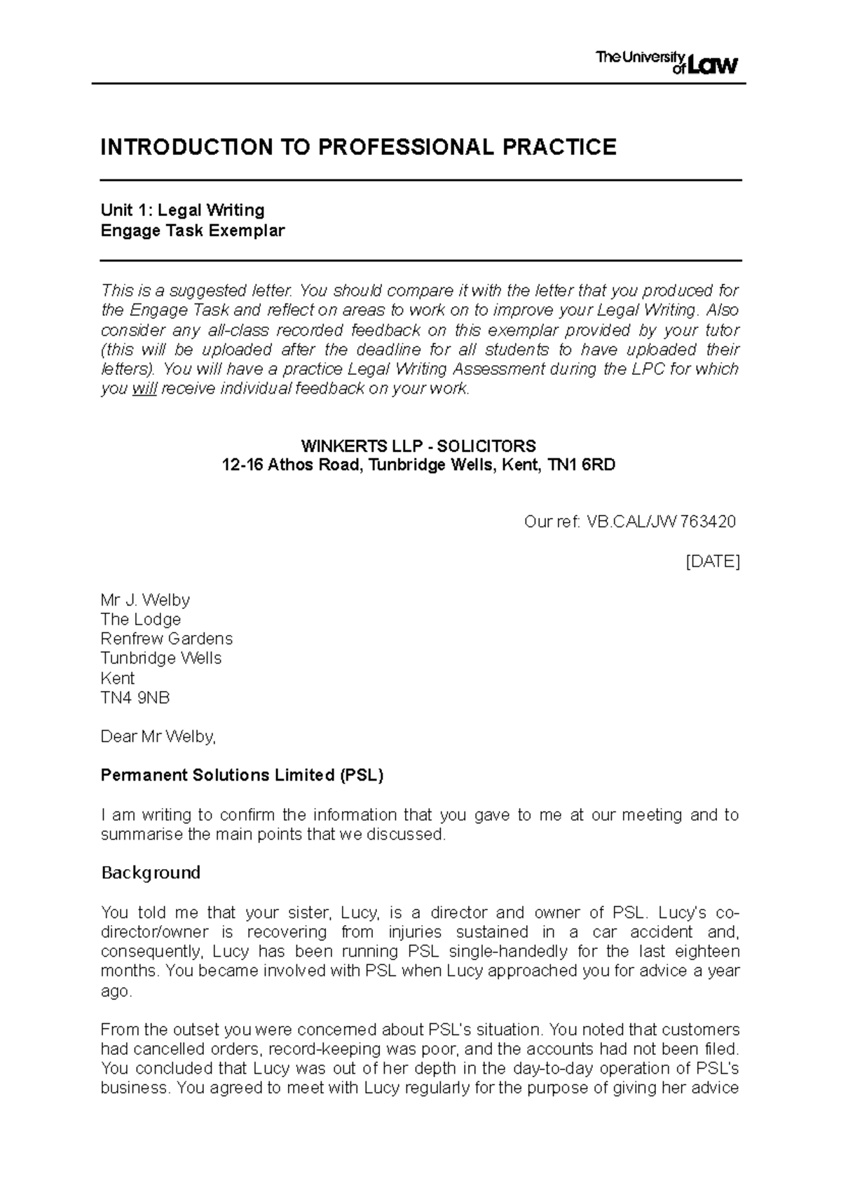 Letter template - INTRODUCTION TO PROFESSIONAL PRACTICE Unit 1: Legal ...