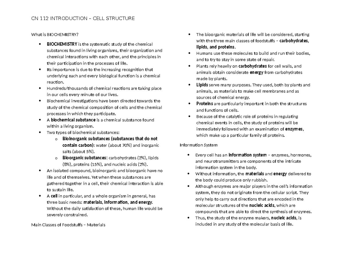 Introduction - CELL Structure - CN 112 INTRODUCTION – CELL STRUCTURE What is BIOCHEMISTRY? - Studocu