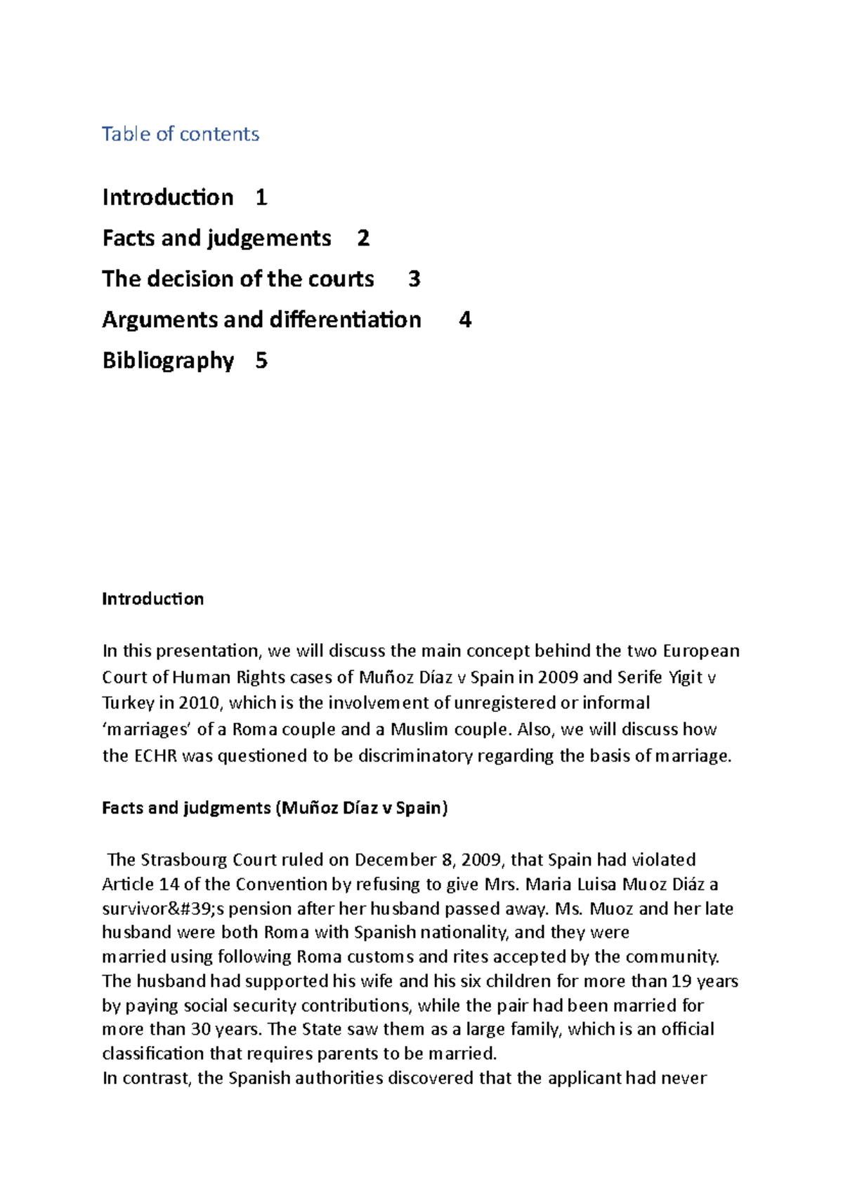 Family Law- Presentation - Table of contents Introduction 1 Facts and ...