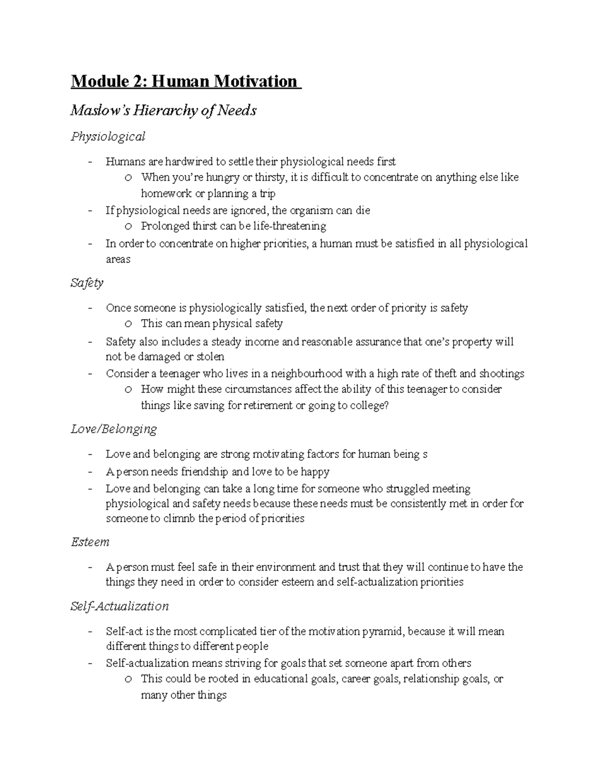Module 2 - Human Motivation - Module 2: Human Motivation Maslow’s ...