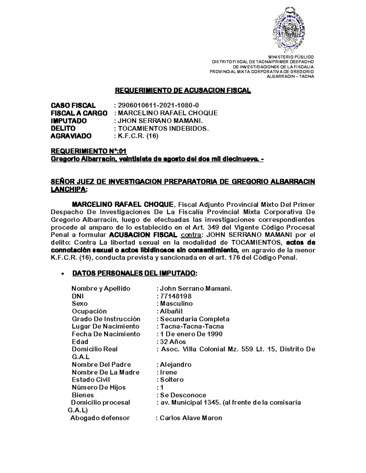 Acusacion Fiscal - Tocamientos Indebidos - MINISTERIO PÚBLICO DISTRITO ...