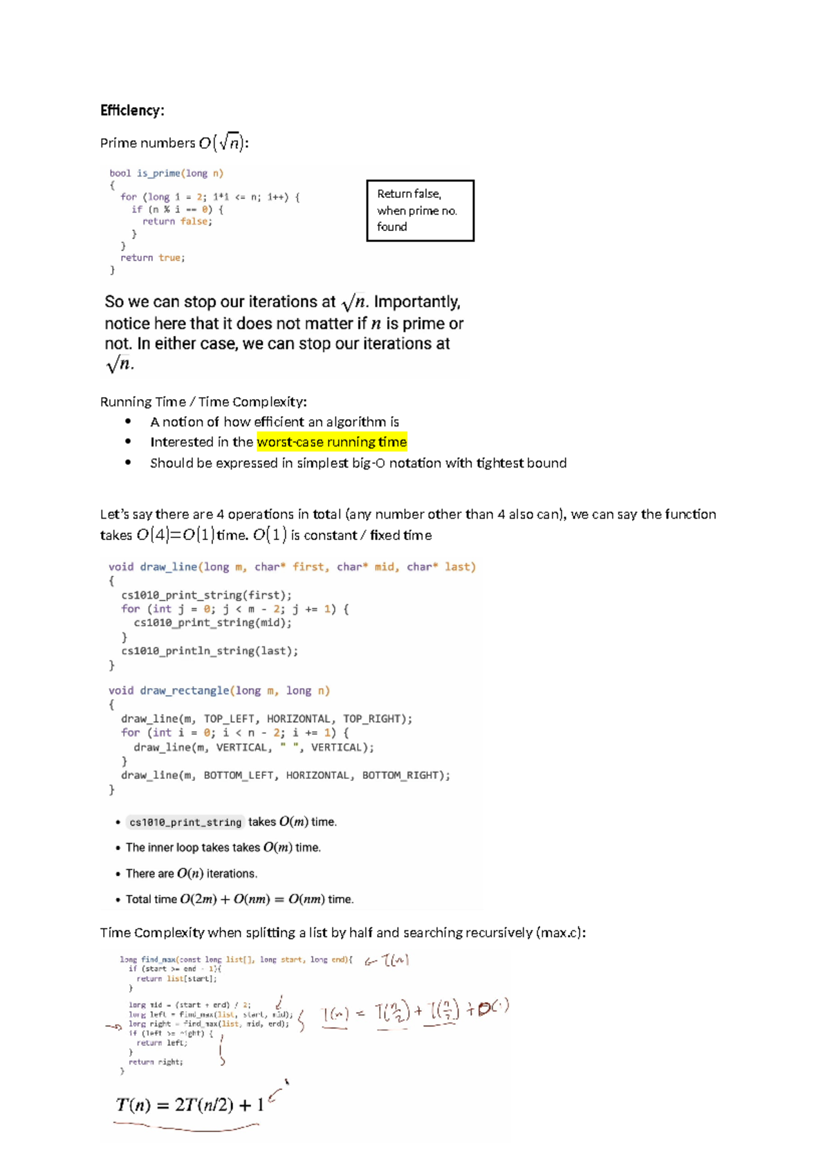 Efficiency (Lect 8) - Efficiency: Prime numbers O( √ n): Running Time / Time Complexity: A ...
