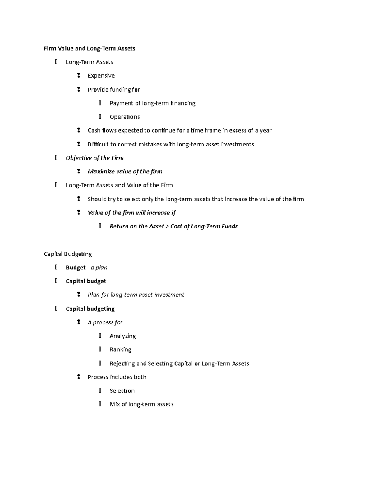 Firm Value and Long-Term Assets and Capital Budget notes - Firm Value ...