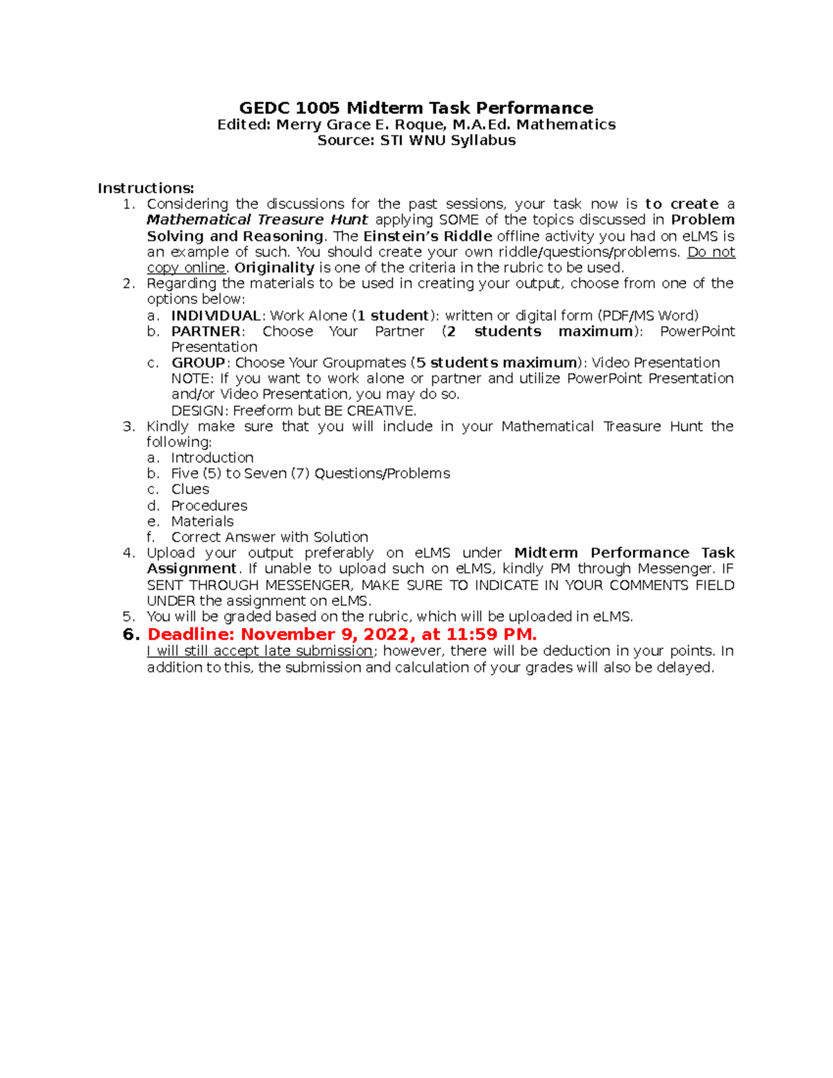 02 Midterm Performance Task - GEDC 1005 Midterm Task Performance Edited: Merry Grace E. Roque, M ...