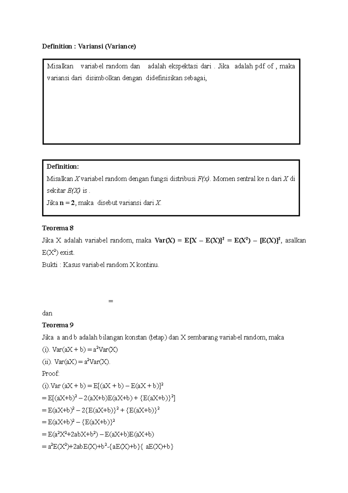 Variansi (Variance) - Definition : Variansi (Variance) Teorema 8 Jika X ...