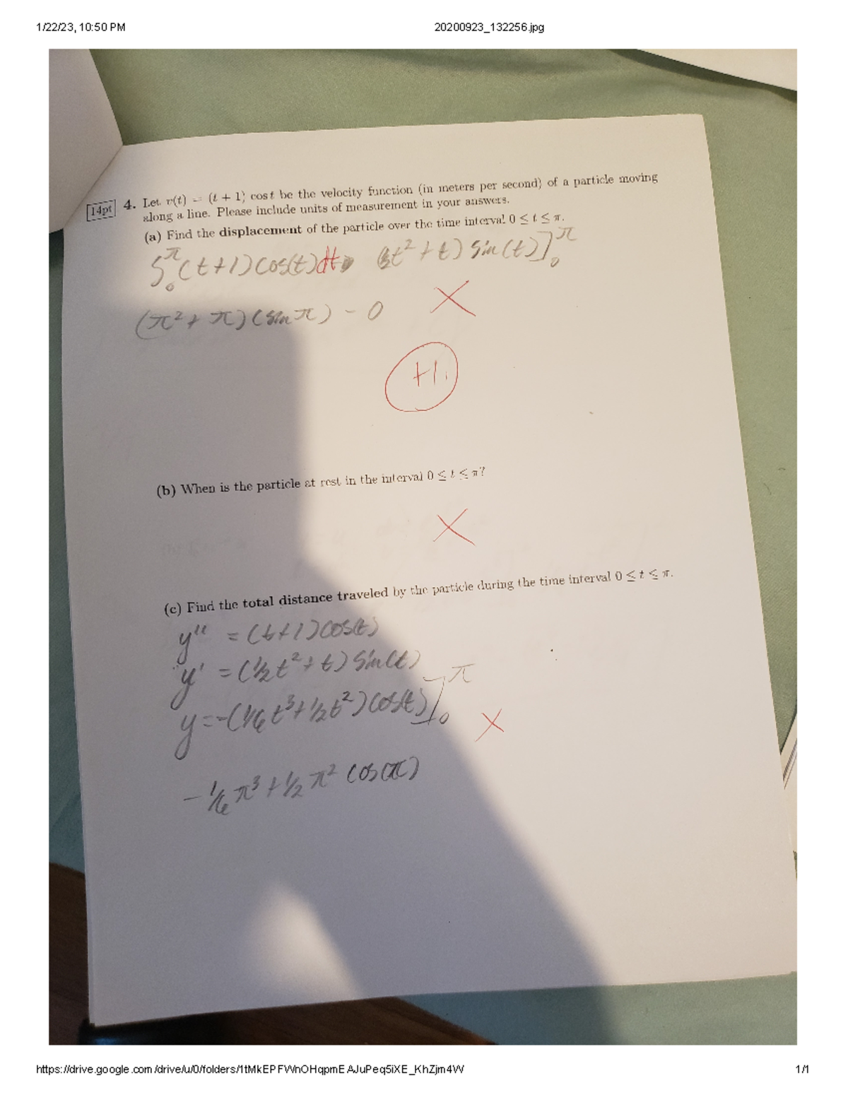 Calc st 3 - exam - 4. Let v(t) (t 1) cost be the velocity function (in ...