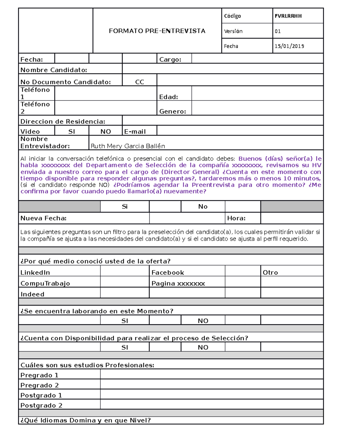Formato Pre entrevista - FORMATO PRE-ENTREVISTA Código FVRLRRHH Versión ...