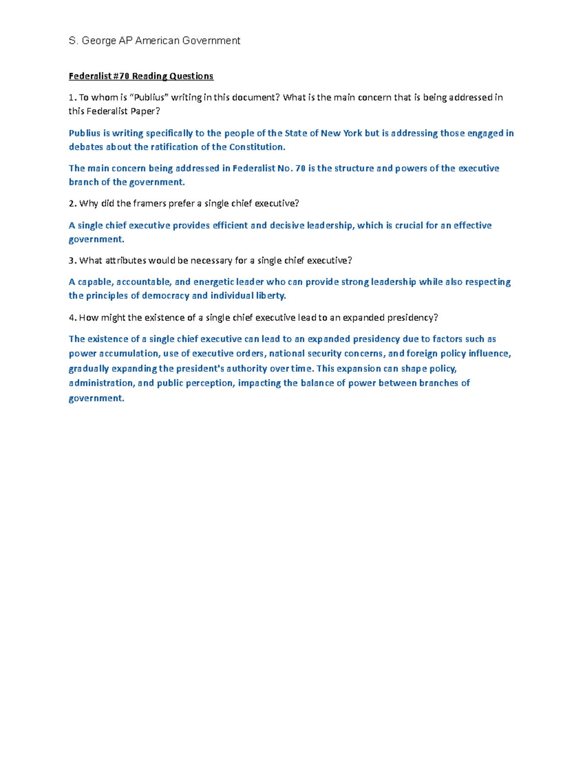 Federalist #70 Reading Questions - S. George AP American Government ...