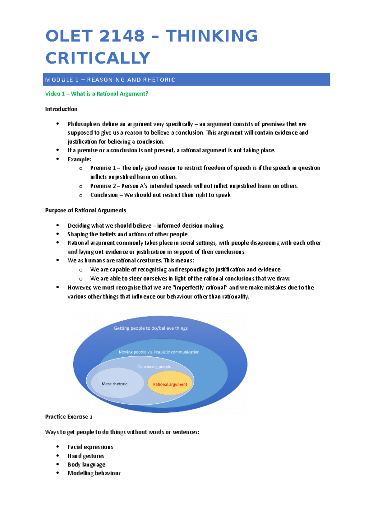 OLET 2148 Notes - OLET 2148 – THINKING CRITICALLY MODULE 1 – REASONING ...