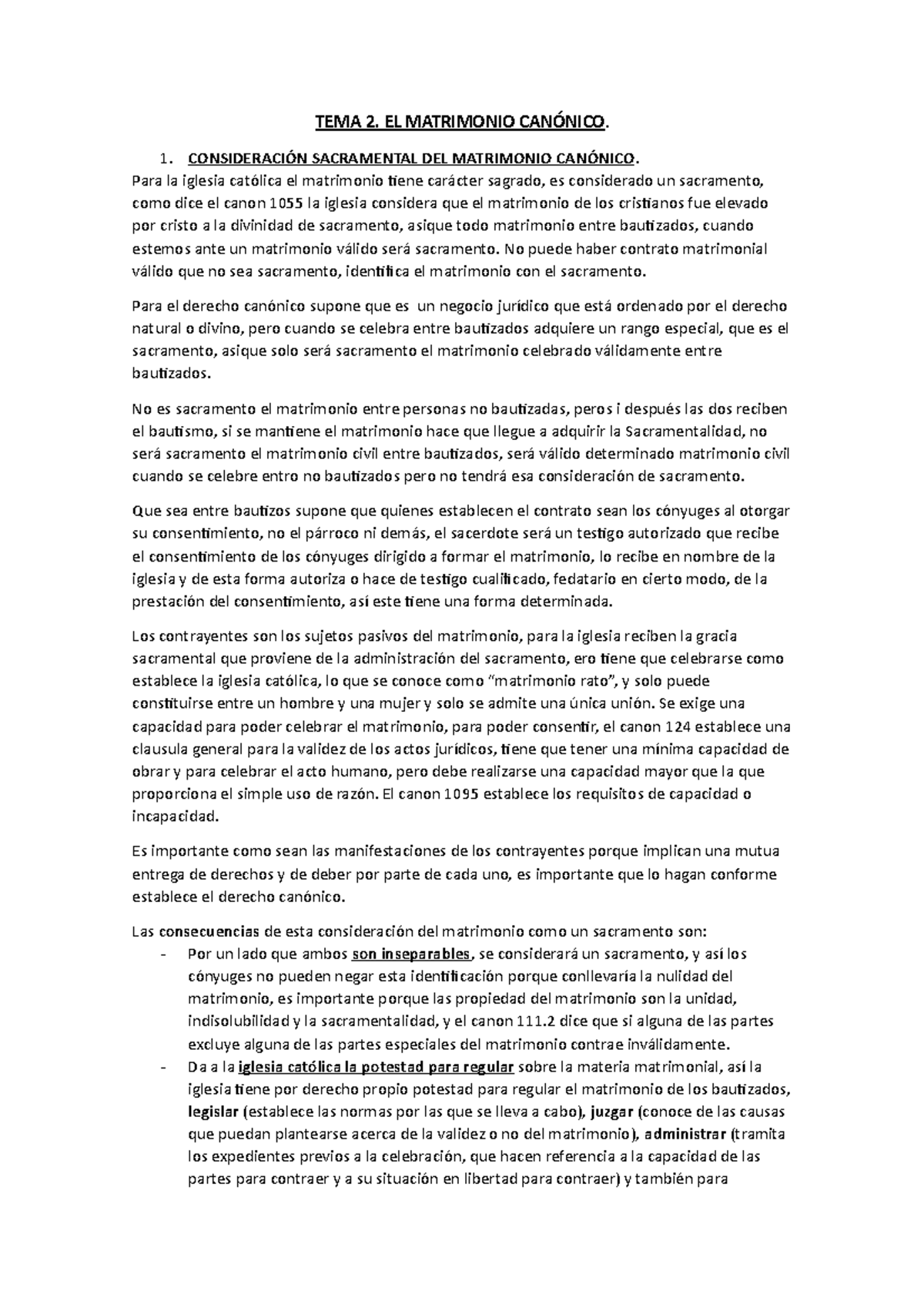TEMA 2 - apuntes matrimonial canónico - TEMA 2. EL MATRIMONIO CANÓNICO ...