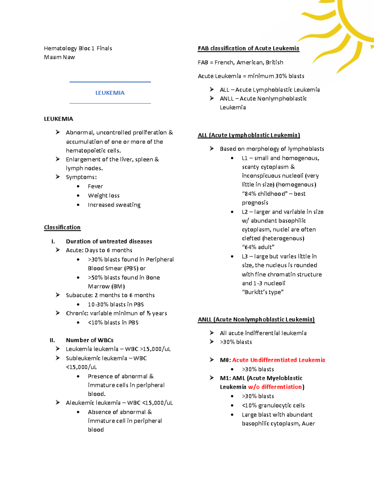 Leukemia and Myeloma Disorders (outline) - Hematology Bloc 1 Finals ...