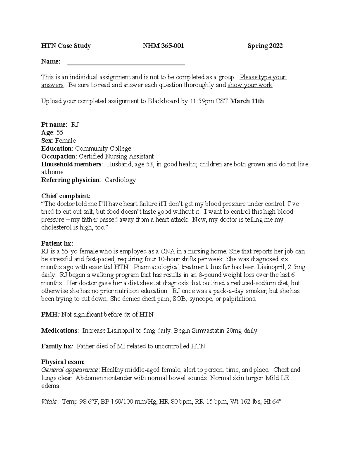 CVD Case Study 2- 2022 - HTN Case Study NHM 365-001 Spring 2022 Name: - Studocu