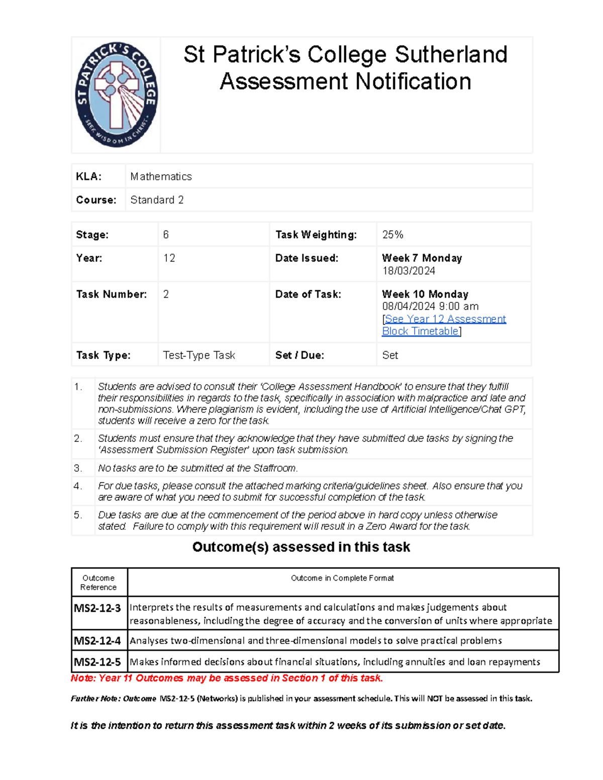 Year 12 Task 2 Mathematics Standard 2 Assessment - St Patrick’s College ...