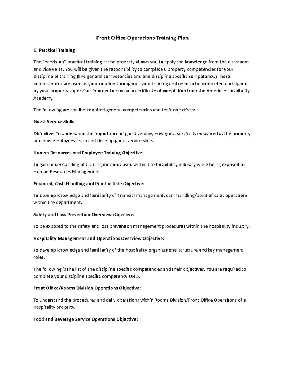 Front Office Operations Training Plan - Pracical Training The “hands-on ...