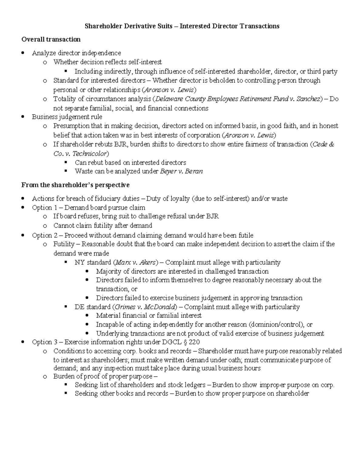 Derivate Suit Outline - Summary Business Associations - Shareholder ...