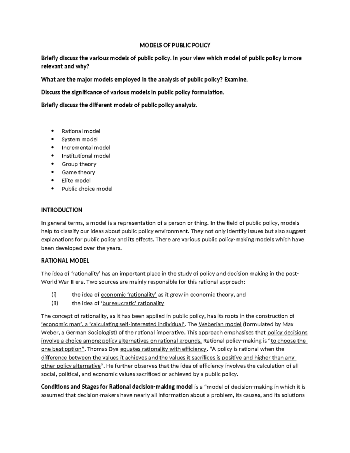 Models OF Public Policy - MODELS OF PUBLIC POLICY Briefly discuss the ...