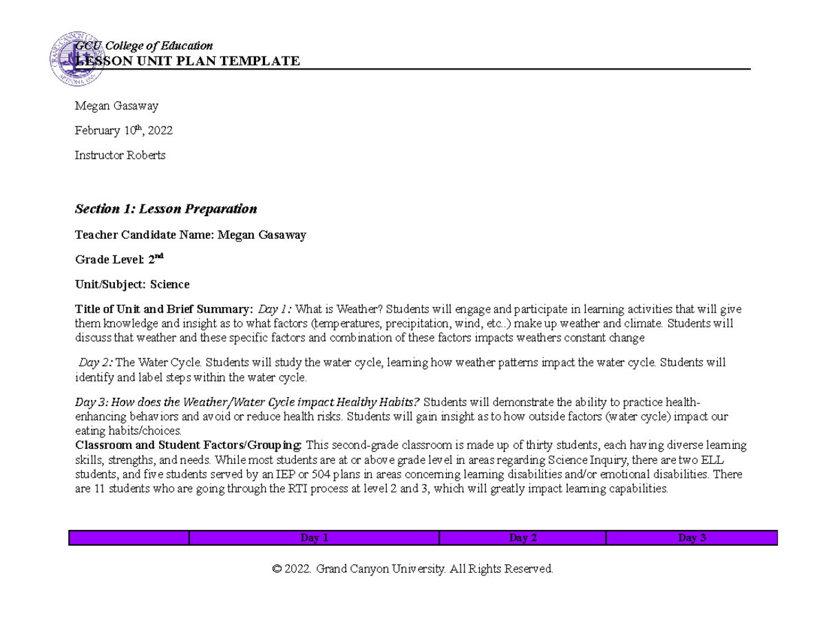 3day Unit Benchmark - GCU College of Education LESSON UNIT PLAN ...