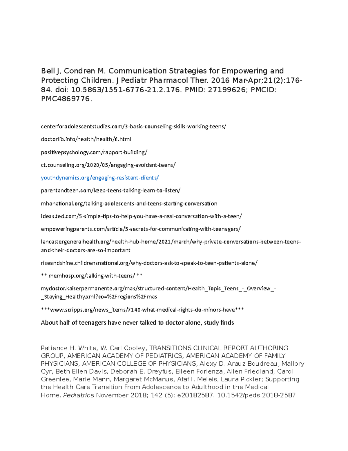 Teen patient References - Bell J, Condren M. Communication Strategies ...