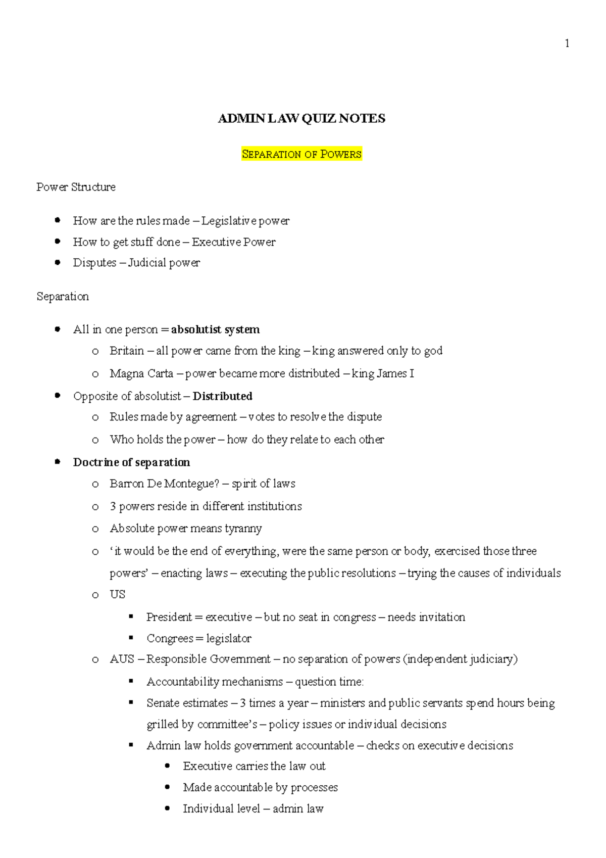Admin Law Quiz Notes - Exam paper - ADMIN LAW QUIZ NOTES SEPARATION OF ...