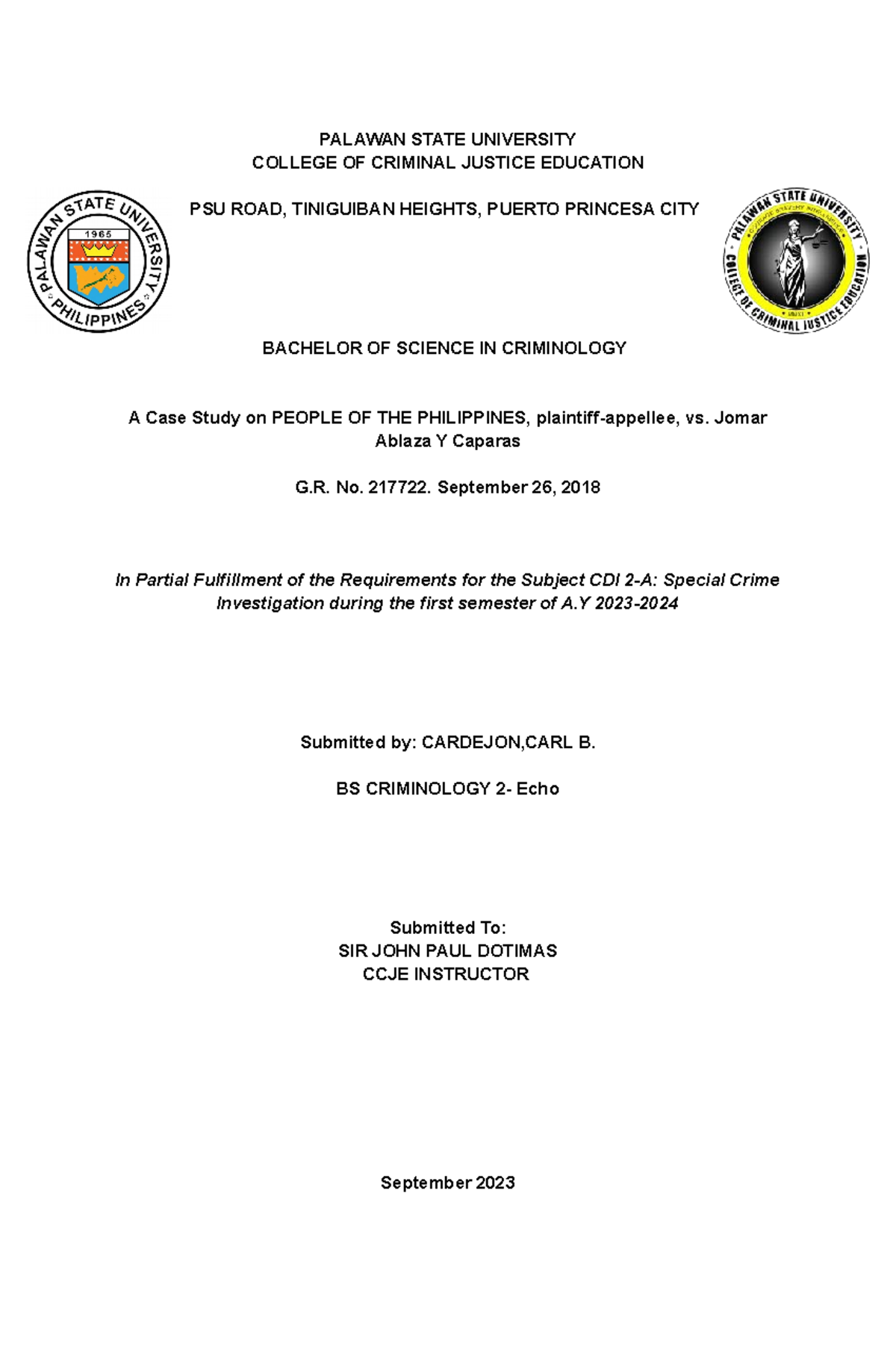 CDI-CASE- Study - Cases - PALAWAN STATE UNIVERSITY COLLEGE OF CRIMINAL ...
