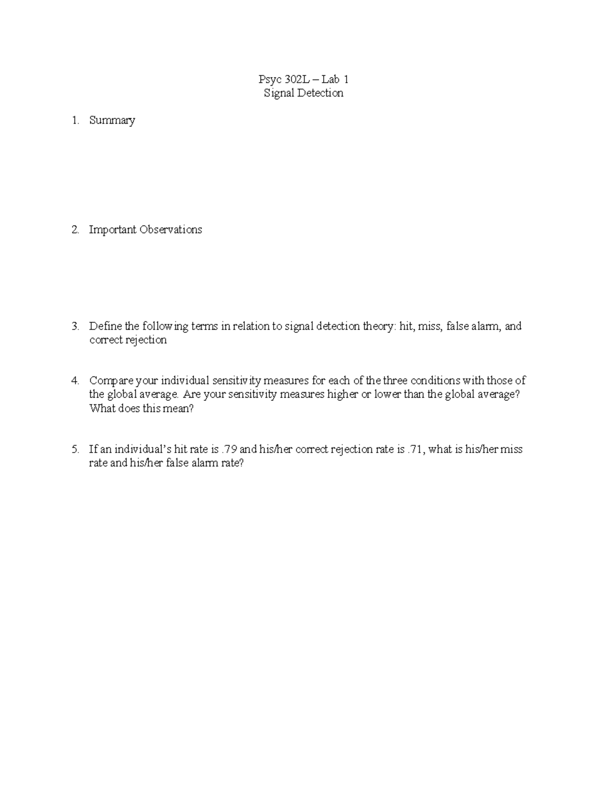 Summary Signal Detection Psyc 302l Lab 1 Signal Detection Summary
