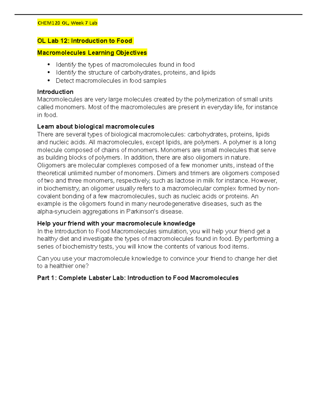 OL Lab 12 Introduction to Food Macromolecules 1 - Most of the ...