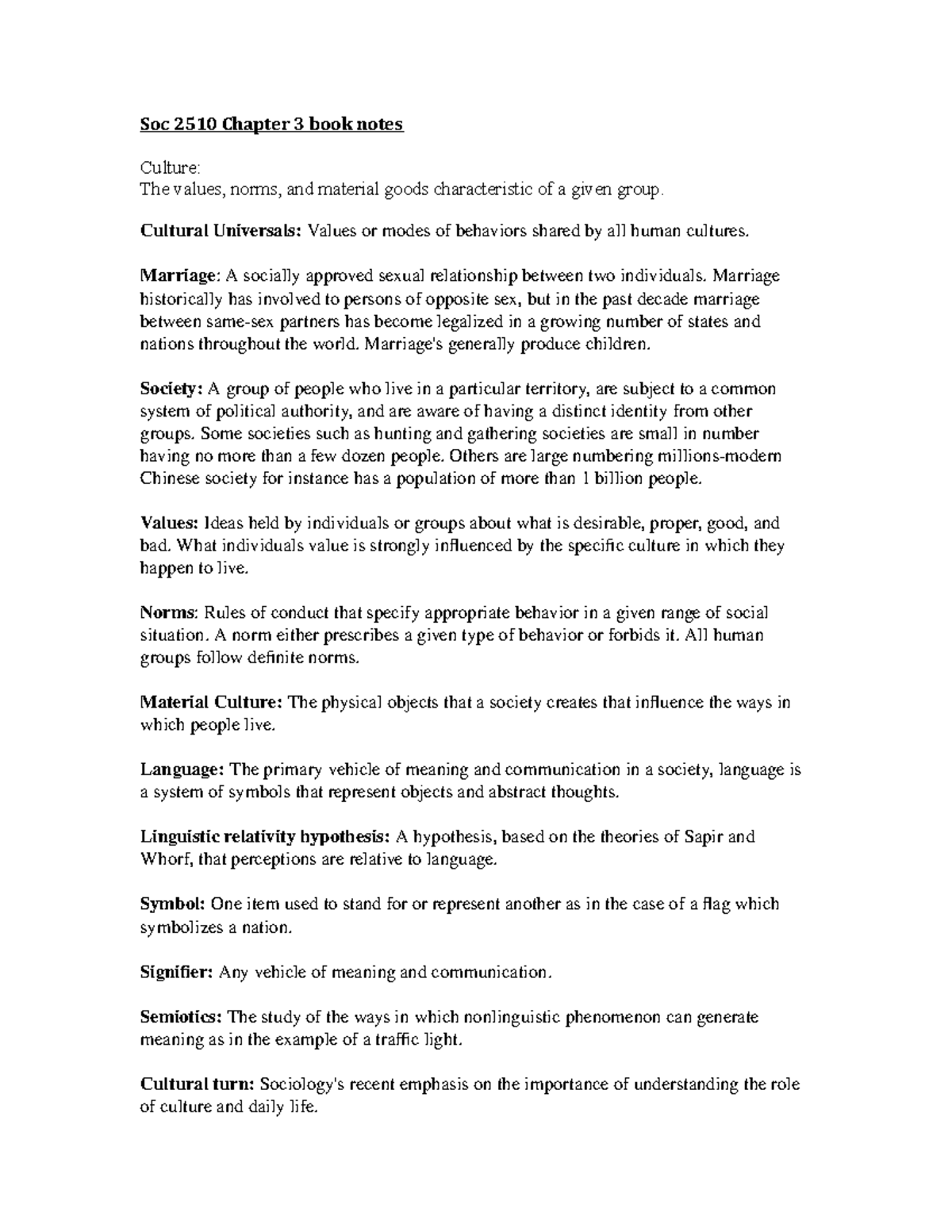Soc 2510 Chapter 3 book notes - Soc 2510 Chapter 3 book notes Culture ...