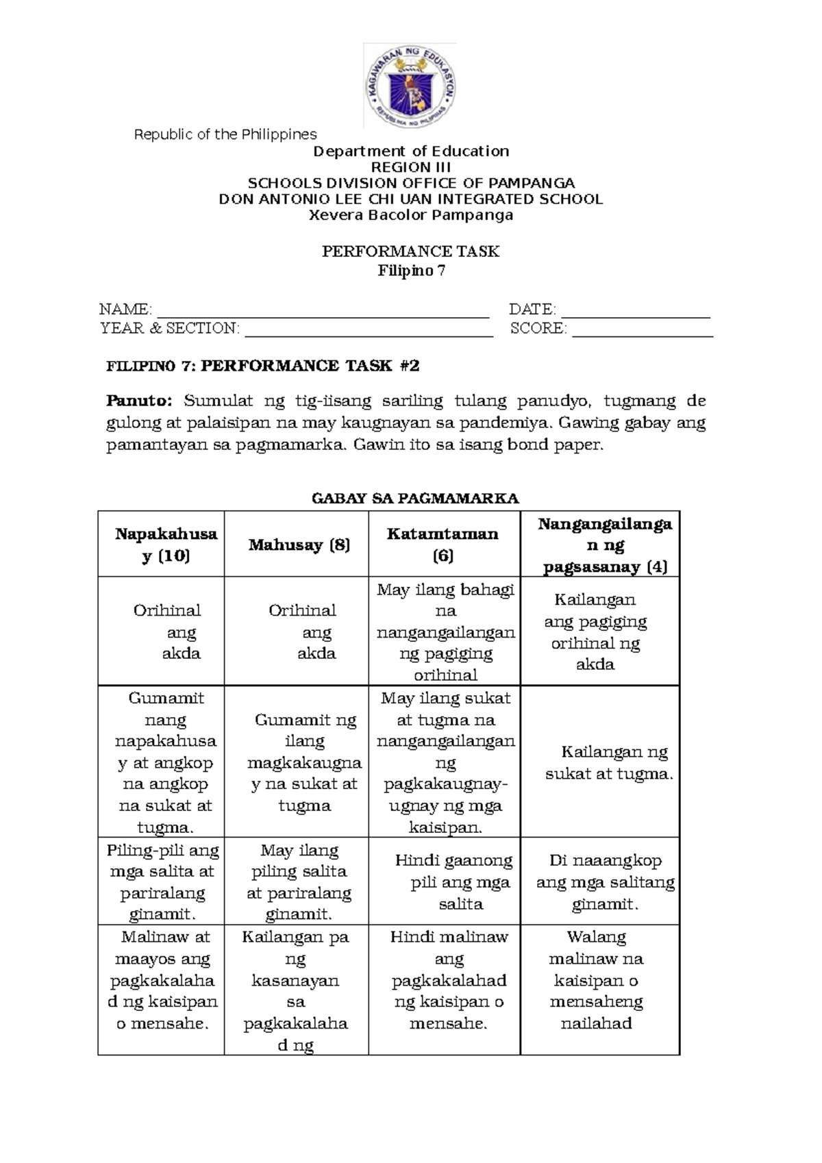 Filipin 0 7 performance t2 - Republic of the Philippines Department of ...