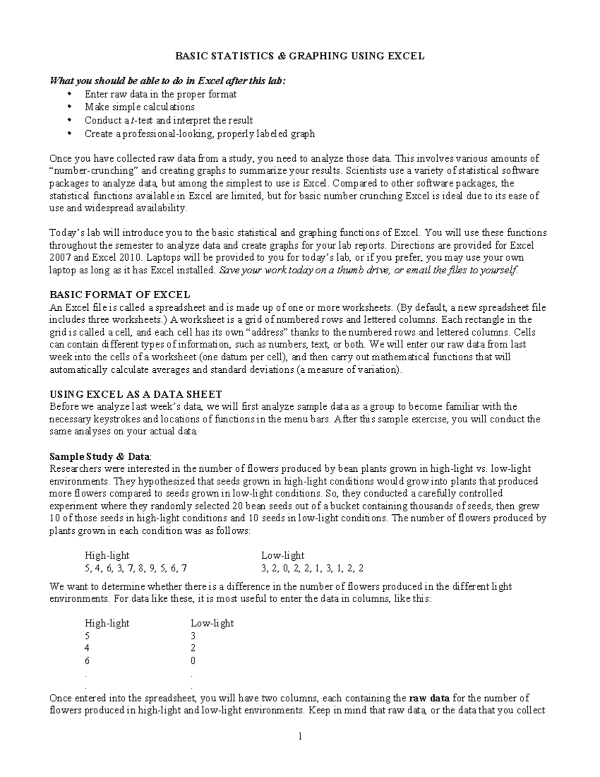 Basic Statistics and Graphing - BASIC STATISTICS & GRAPHING USING EXCEL ...